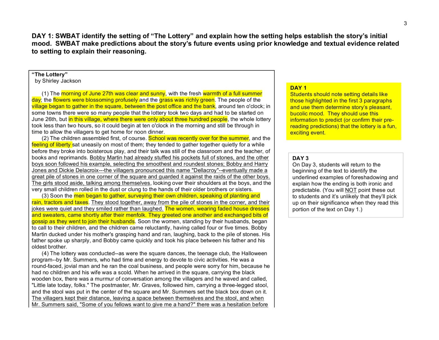Lottery Foreshadowing Through Key Examples